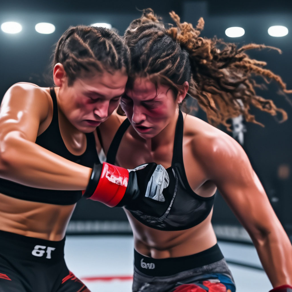 "Women's mma fight, throw over the head, red spot on the face, swelling ...