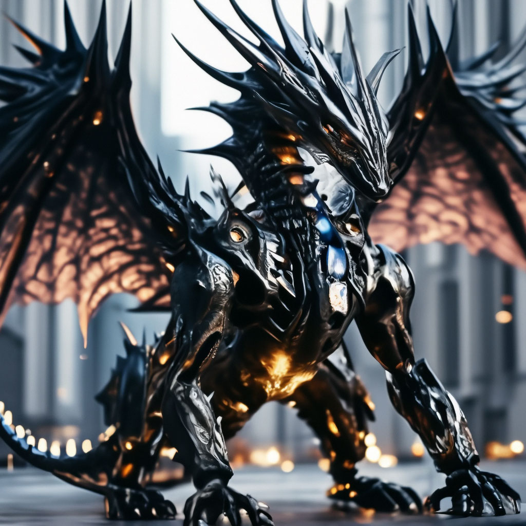 "Mechanical dragon of horror, black shimmers with mother of pearl,in ...