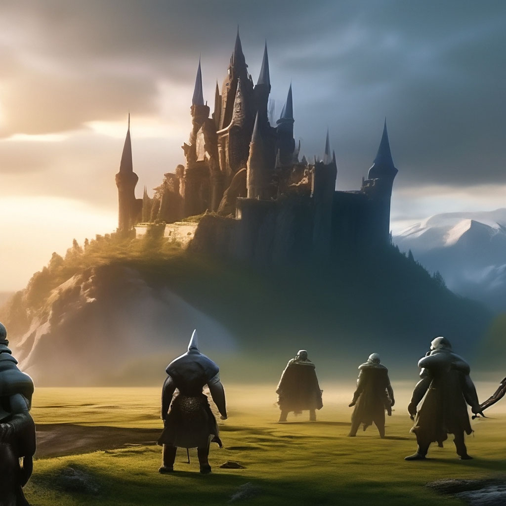 "Elf castle on the background of a field with orcs, aesthetically ...