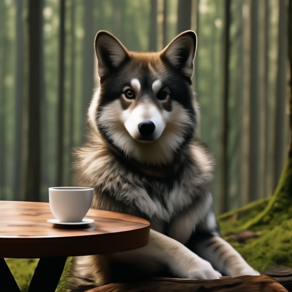 "Shailushai is sitting in a cafe in the forest" — image created in ...