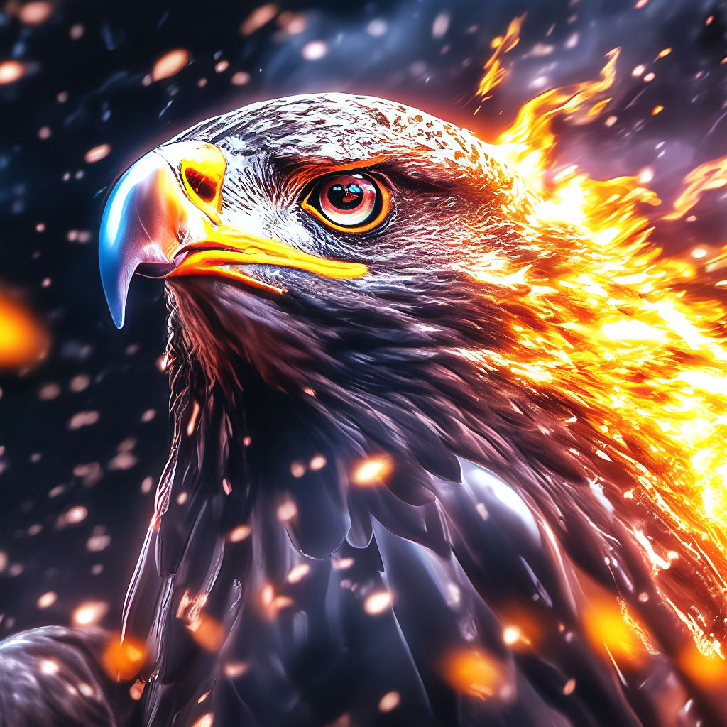 "Powerful Eagle, in the effect of fire+wings+snow+fiery bursts ...