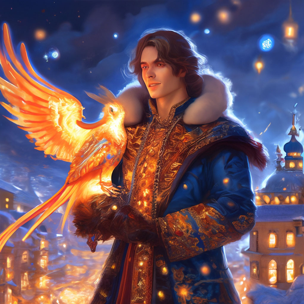 "Folk tales, a very handsome guy Ivan holds a Firebird, they are over ...