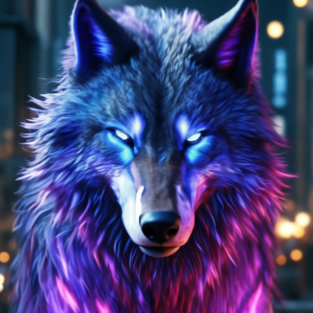 "Glowing with neon blue threads, a large blue-purple wolf, full-length ...