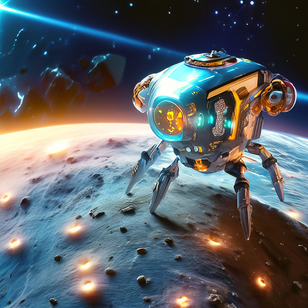 "Micro nano scout bot on a small micro asteroid, pearl-colored ...