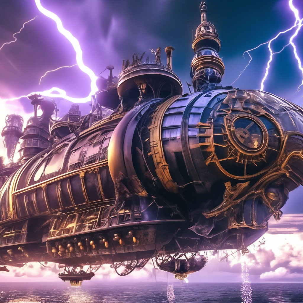 "Professional photo, a large steampunk-style airship + a lot of small ...