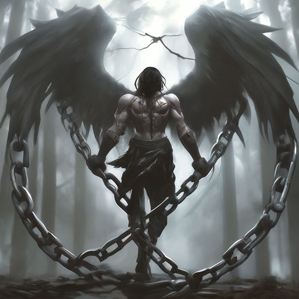 "Fallen angel chained breaks free tied up in a realistic anime monster ...