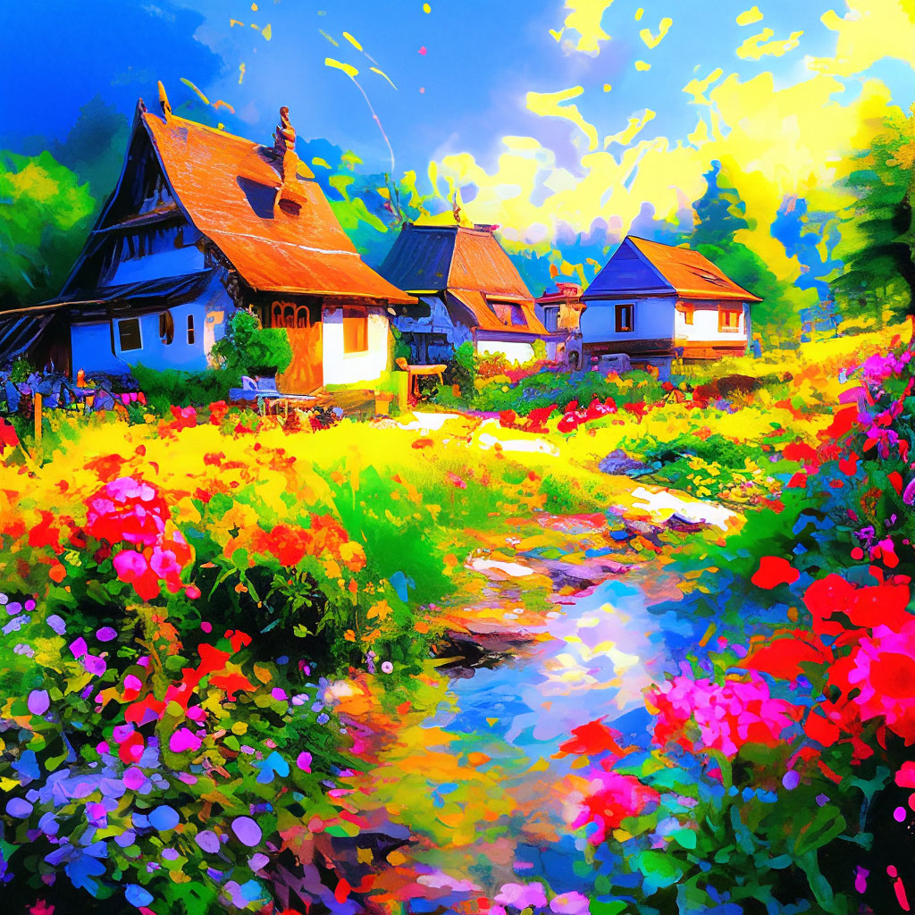 "Ink drawing, summer time, remote village, blooming nature, digital ...