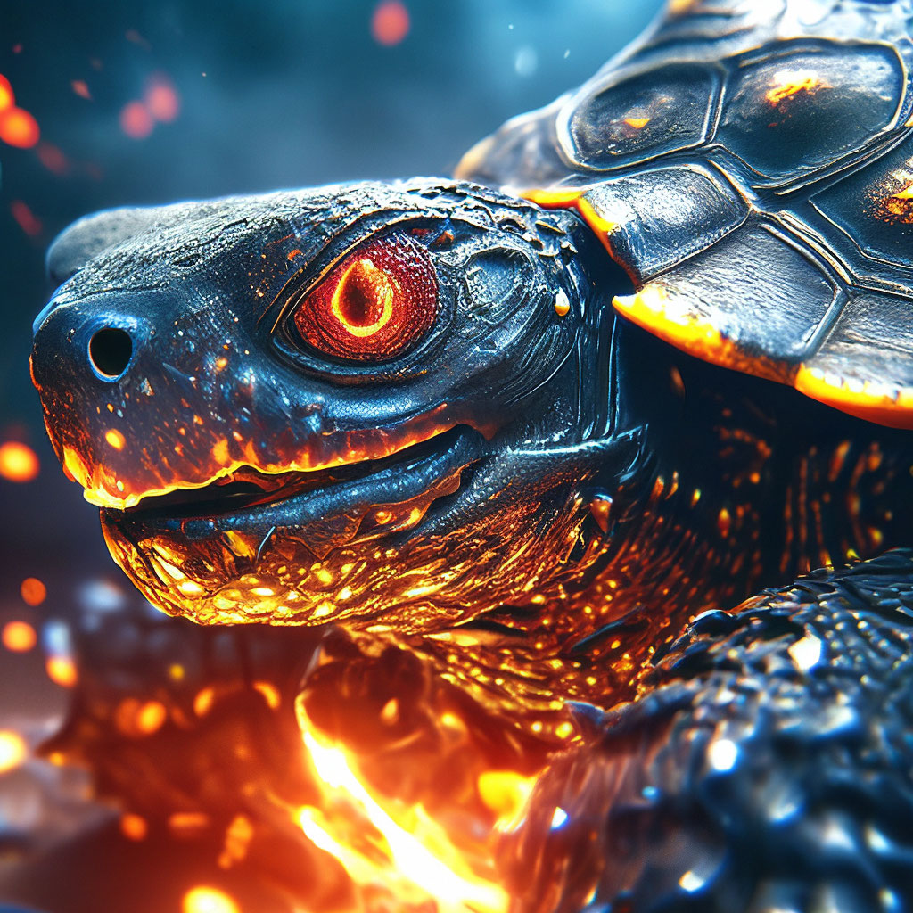 "Surrealism, high detail, turtle fiery black, anthropomorphic, burning ...