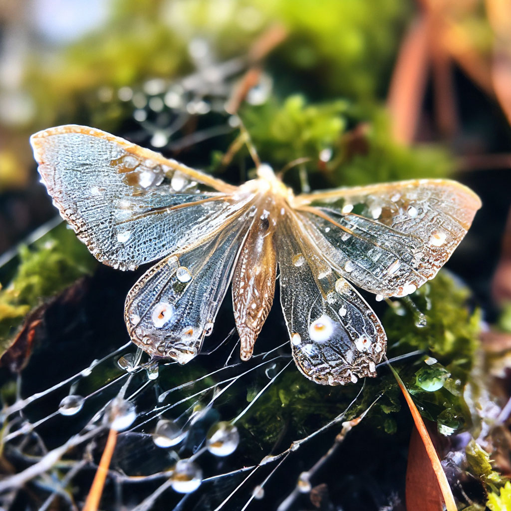 "Filigree watercolor moth in a cozy forest snowdrop honeydew moss ...