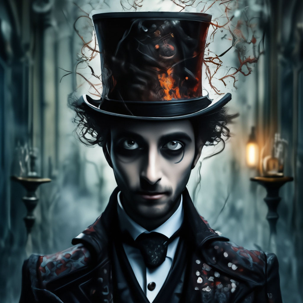 "A gentleman in a top hat in the style of Tim Burton, bright ...