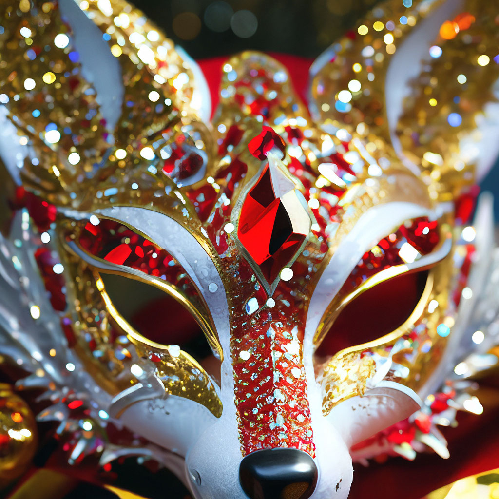 "New Year's masquerade fox mask, red color, gold, silver, crystals ...