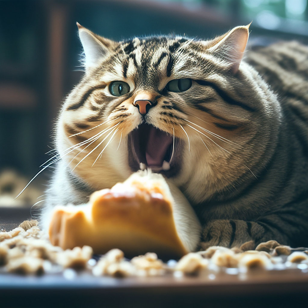"Fat cat with open mouth bites a long french loaf of crumbs on the ...