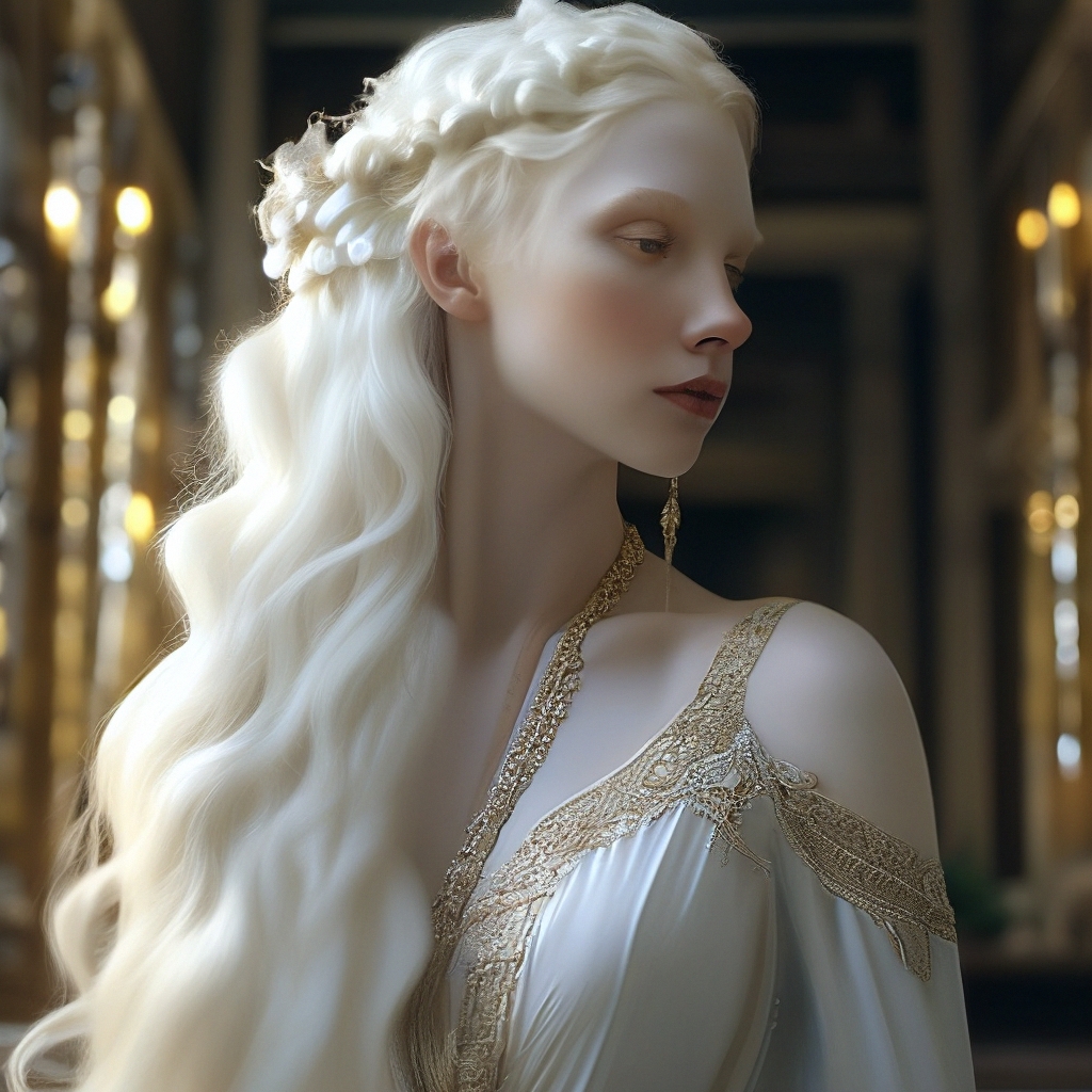 "Hyperrealistic,anthropomorphic albino woman with lush hair ...