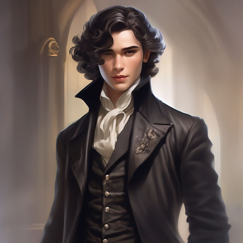 "A young man with dark wavy shiny hair, shoulder-length, mischievous ...