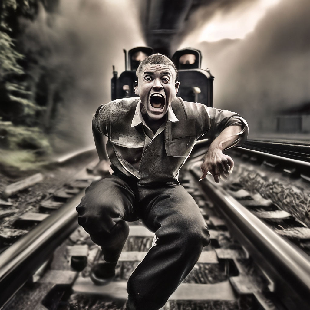 "By terson_art detailing, a man tied to the bow of a locomotive,fear ...