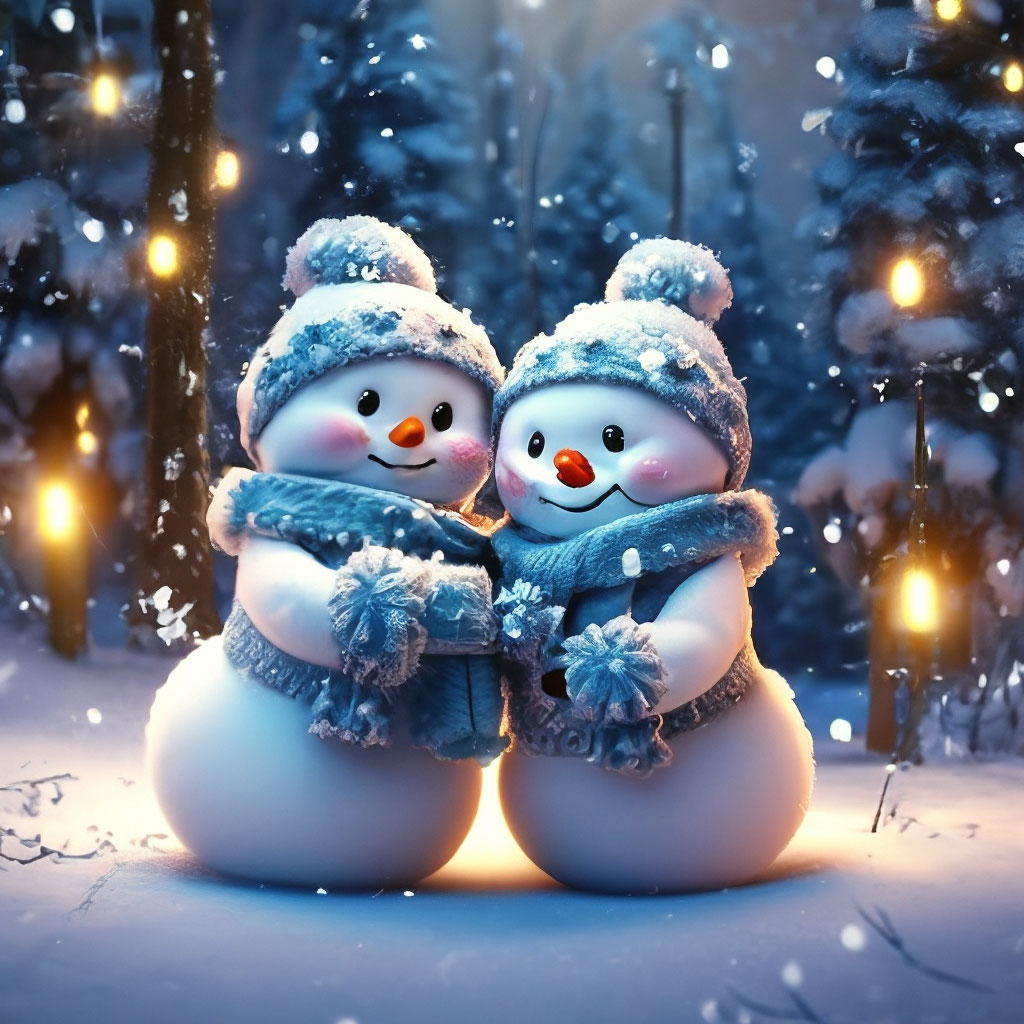 "Two realistic fluffy snowmen are hugging each other on a snowy hill ...