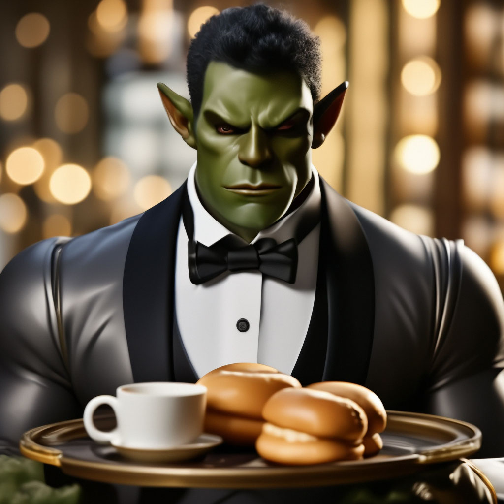"Good morning! _____________ a huge cute orc butler holds out a fragile ...