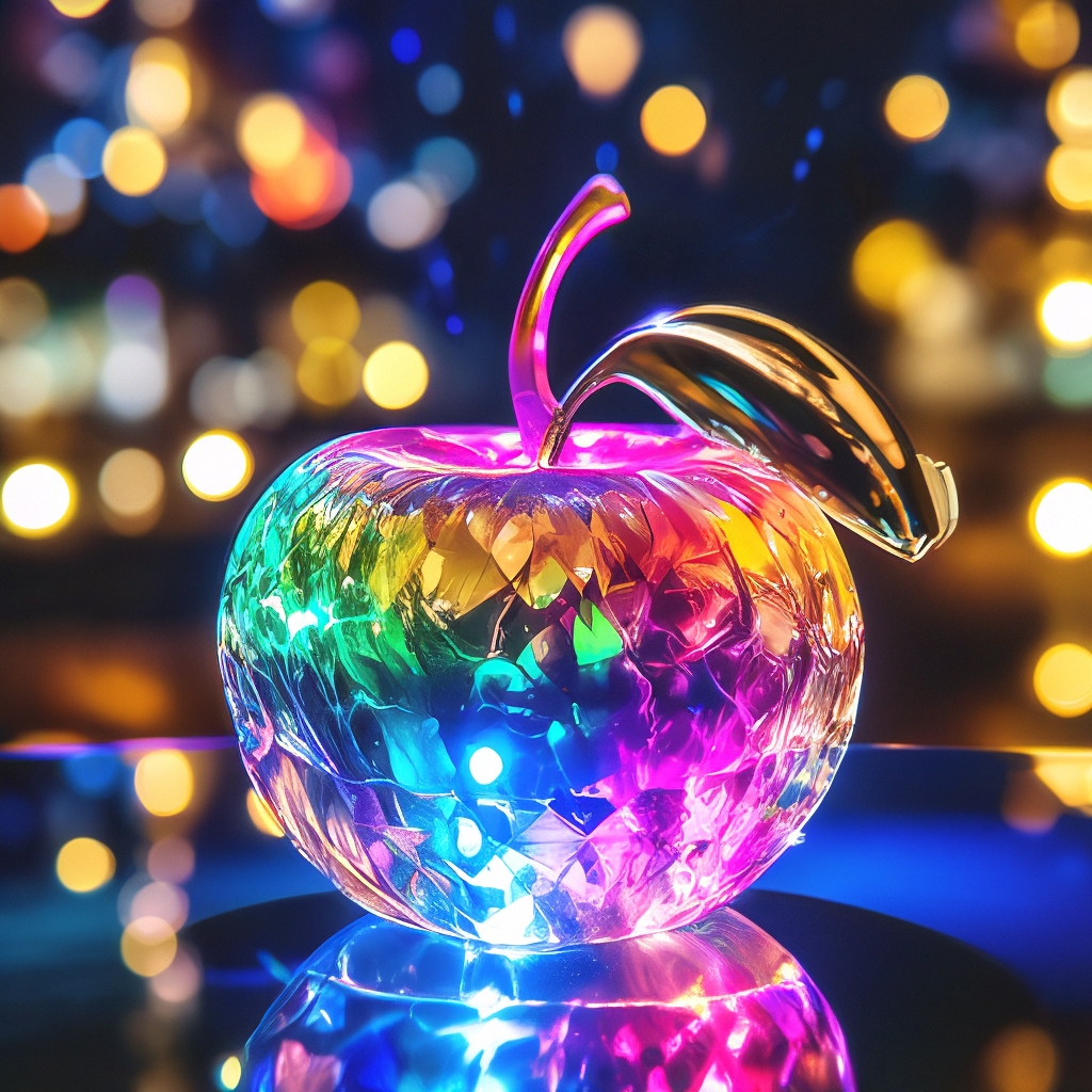 "A crystal apple glowing brightly in the night with a multicolored ...