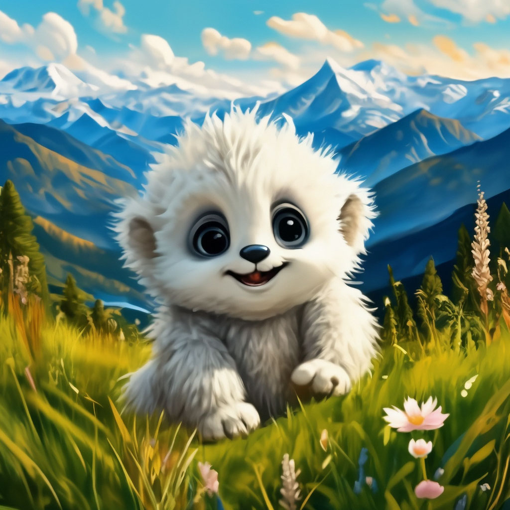 "Cute little funny yeti in the grass on the background of mountains ...