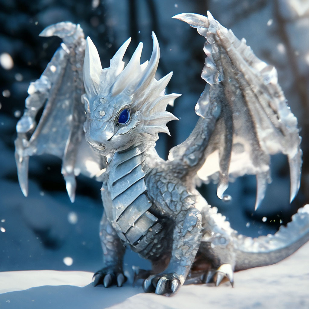"A small dragon with crystal wings in the snow" — image created in ...