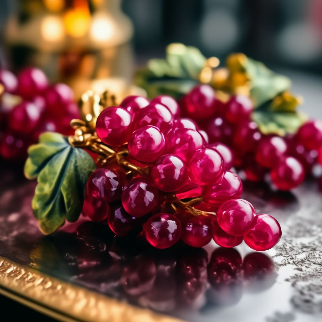 "Ruby product in the form of grapes, on the table, jewelry, glows ...
