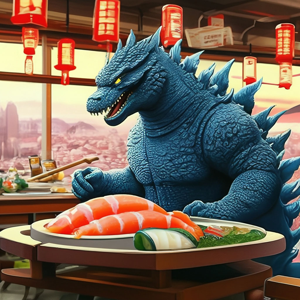 "Godzilla in a restaurant in Japan makes sushi" — image created in ...