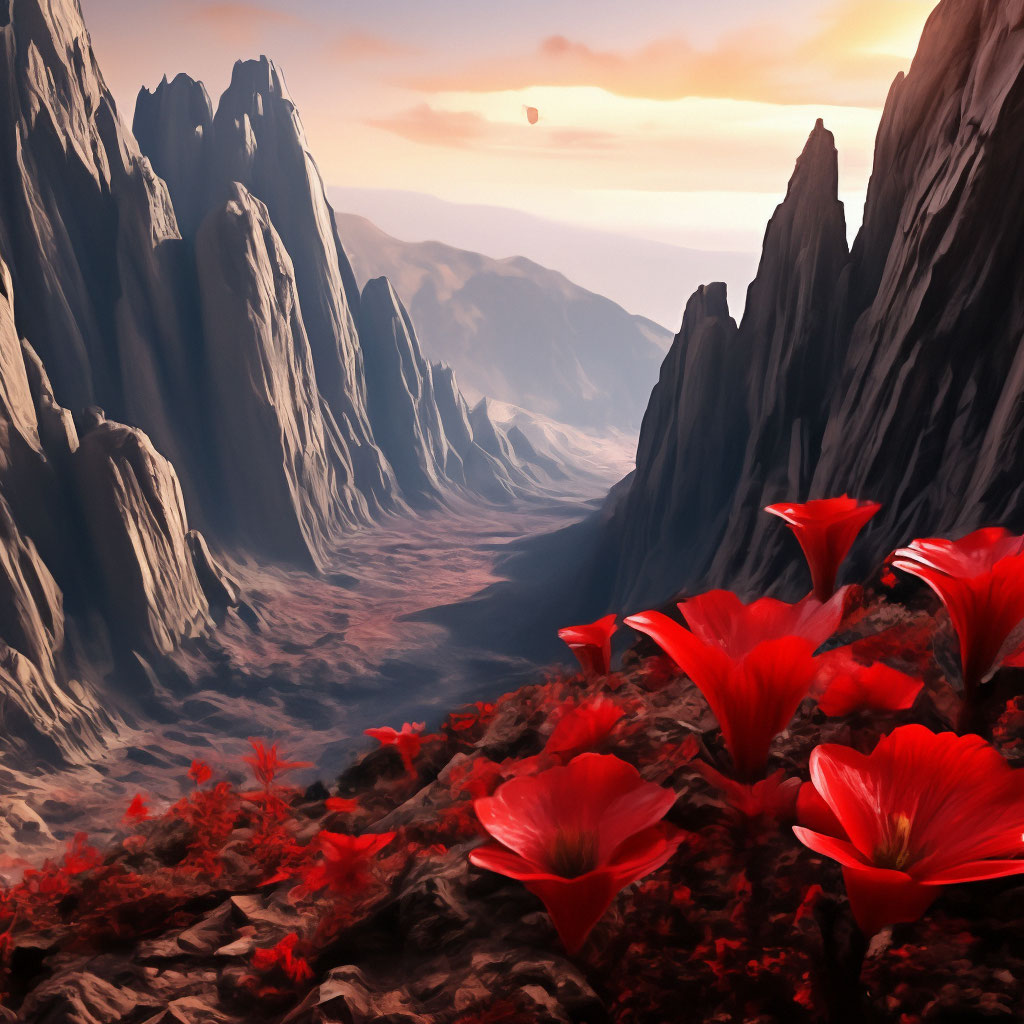 "There are cool red flowers on Mars steep mountains and rocks" — image ...