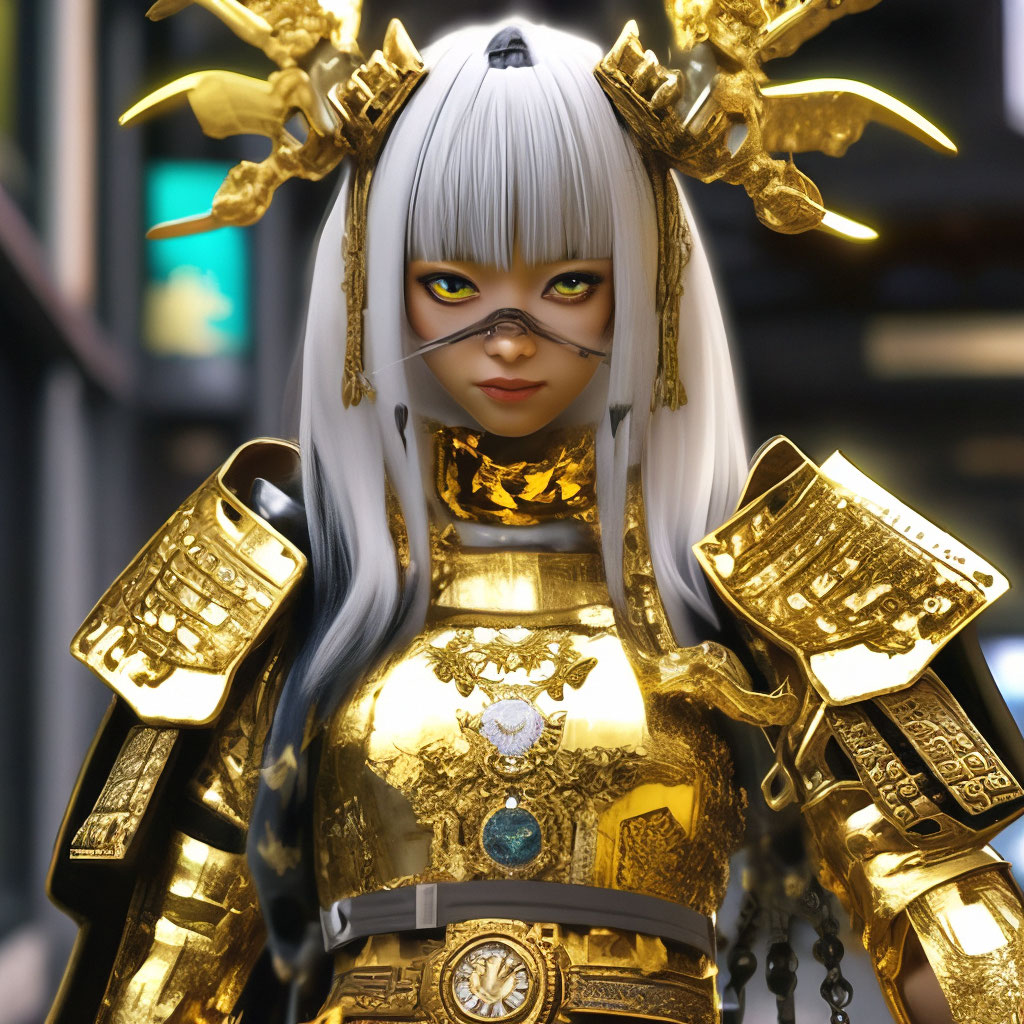 "Golden samurai armor, golden cyberpunk japanese smurai costume, yokai ...