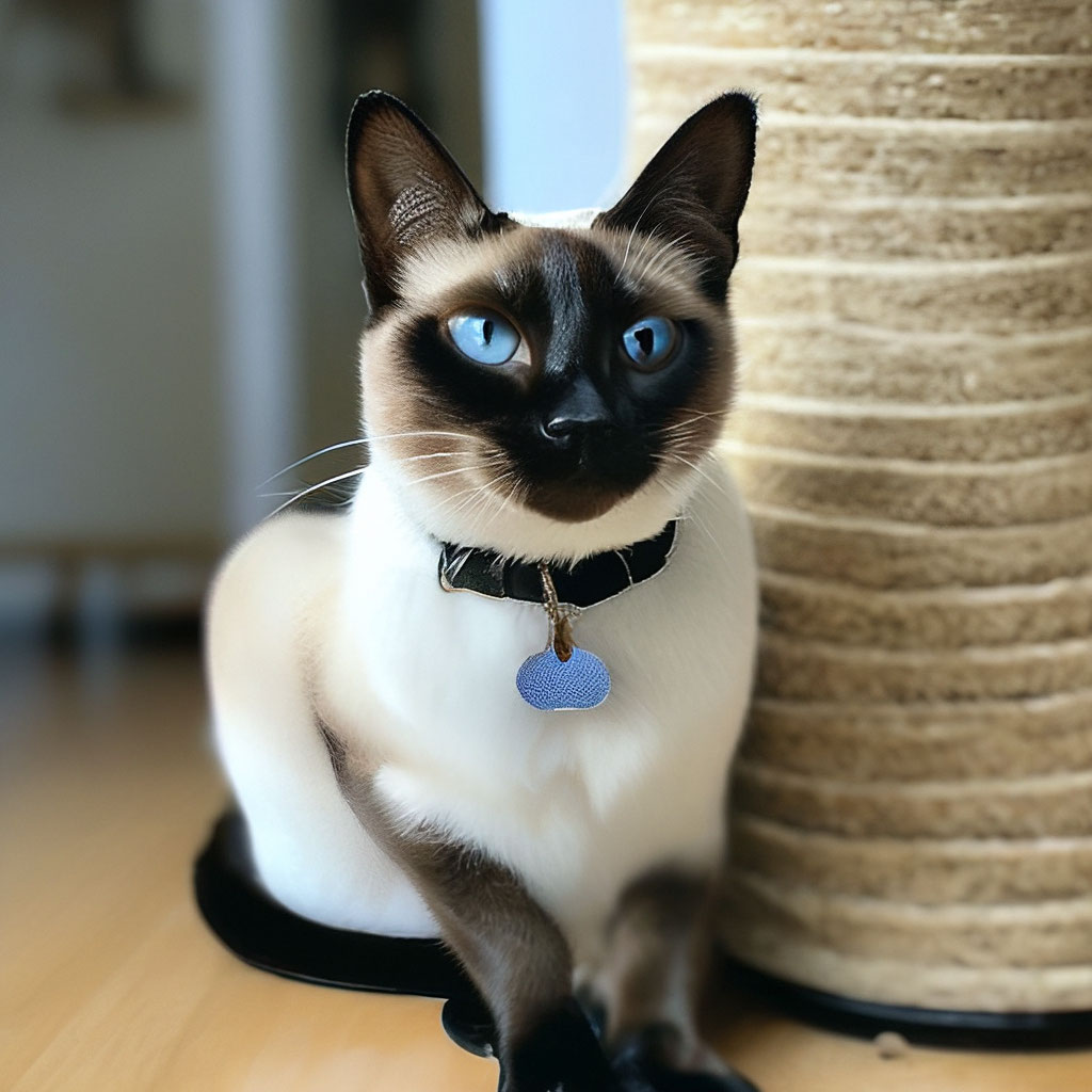 "Siamese cat, blue eyes, all brown-white, nose black, all muzzle black ...