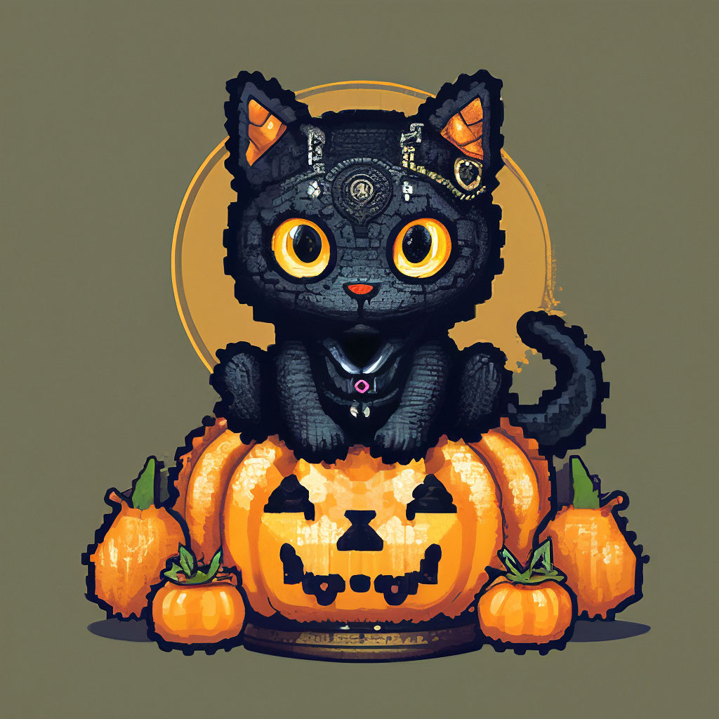 "Pixel art, a black cat sitting in a pumpkin and looking with big eyes ...