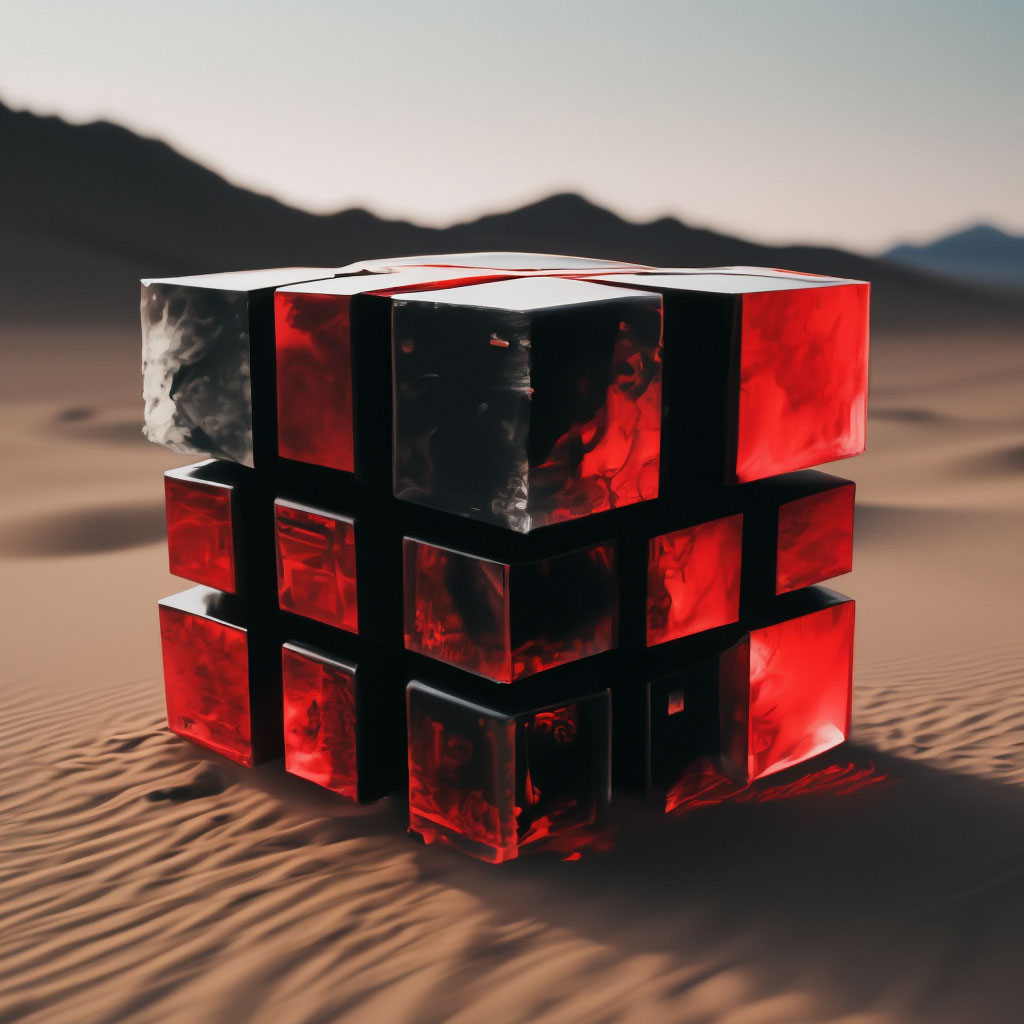 "Rubik's cube of ice in the desert, black-white-red minimalism ...