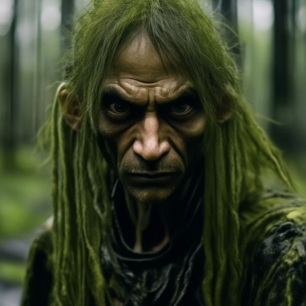 "A cunning goblin from the Russian forest with a piercing gaze looking ...