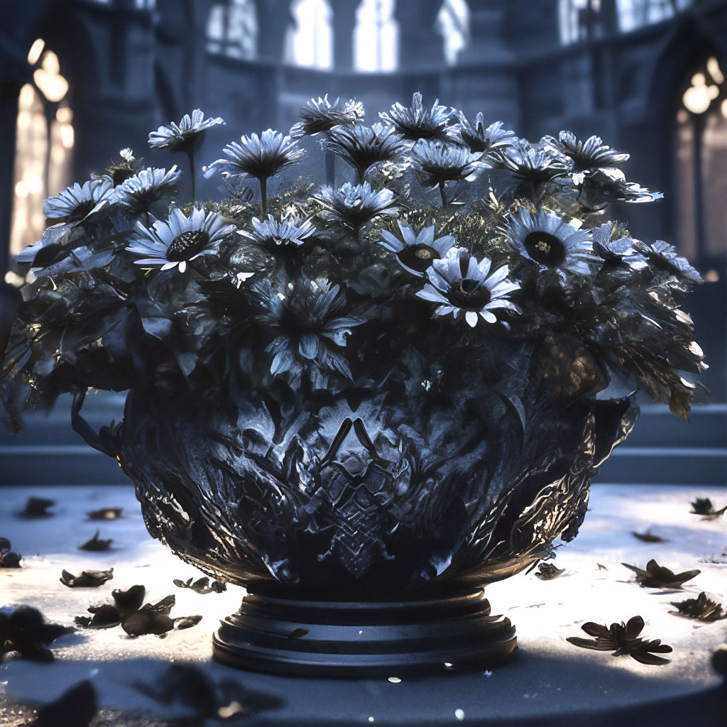 "3d, powerful color,black huge gothic pot, lush thick black daisies ...