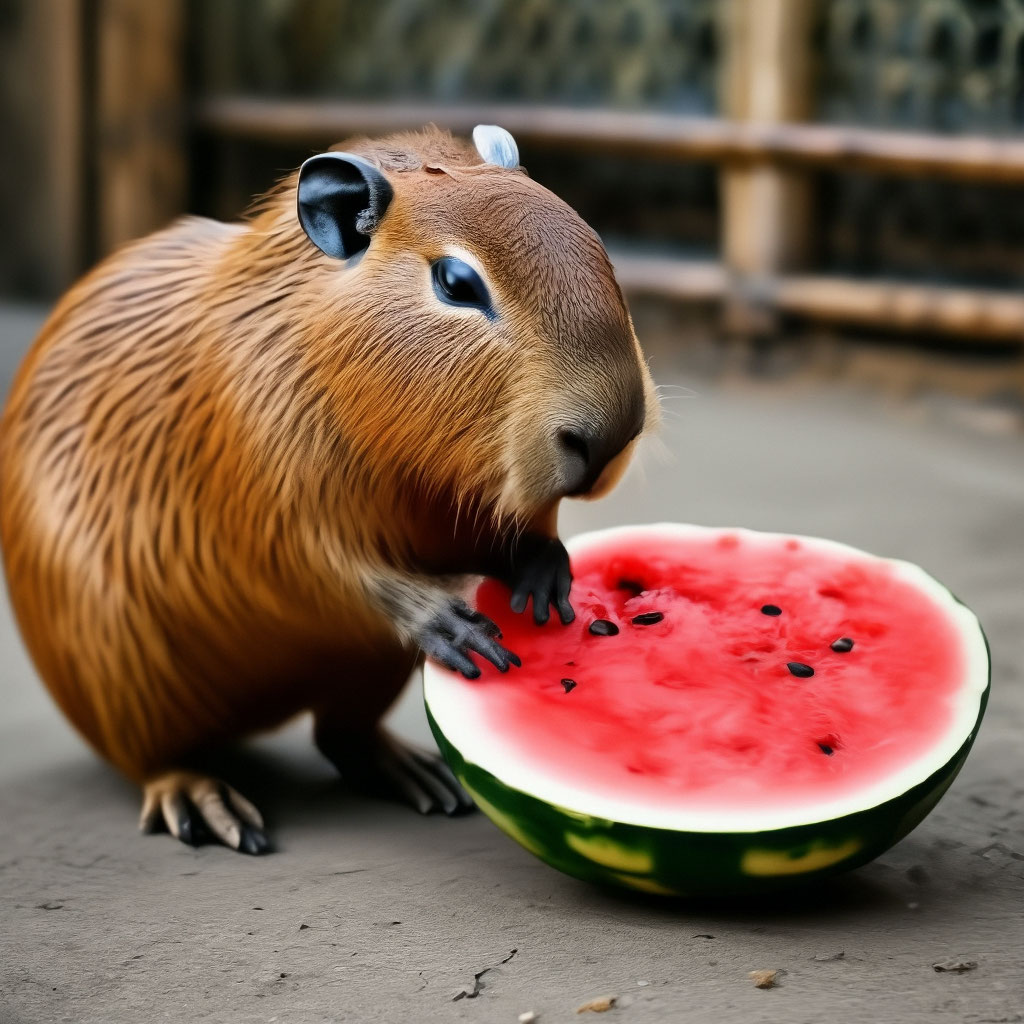 "A small capybara eats a watermelon" — image created in Shedevrum