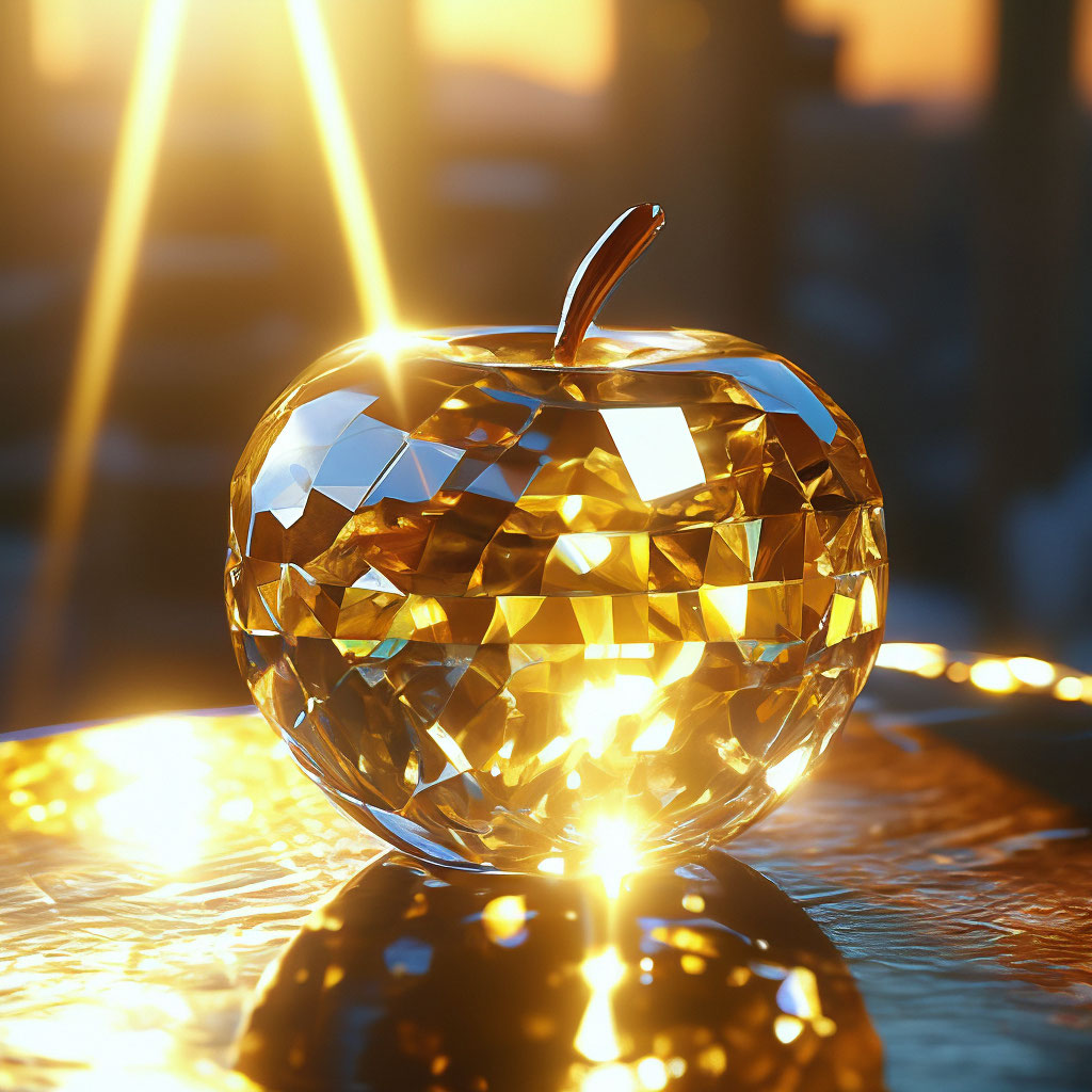 "An epic crystal apple with the sun shining inside, bright golden ...