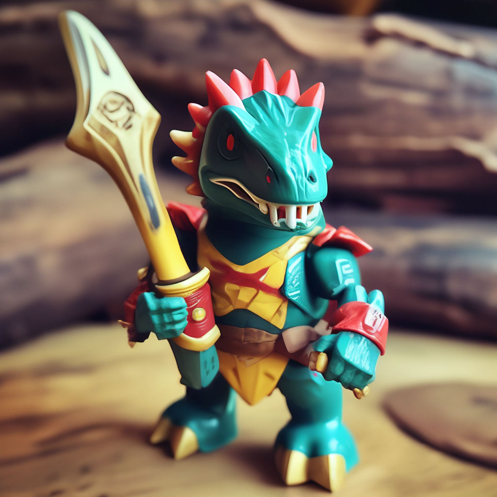 "Retro dinosaur warrior toy with an axe" — image created in Shedevrum