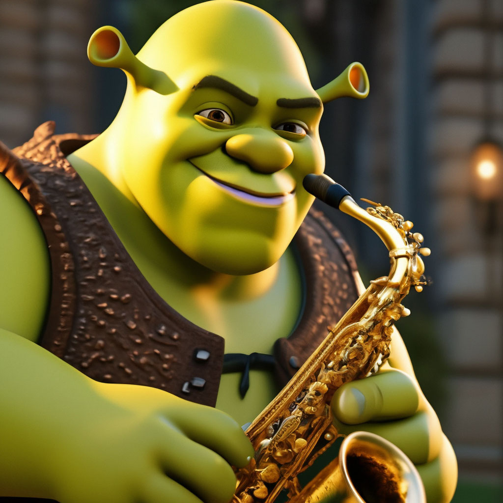 "Shrek plays the saxophone, beautiful, realistic, professional photo ...
