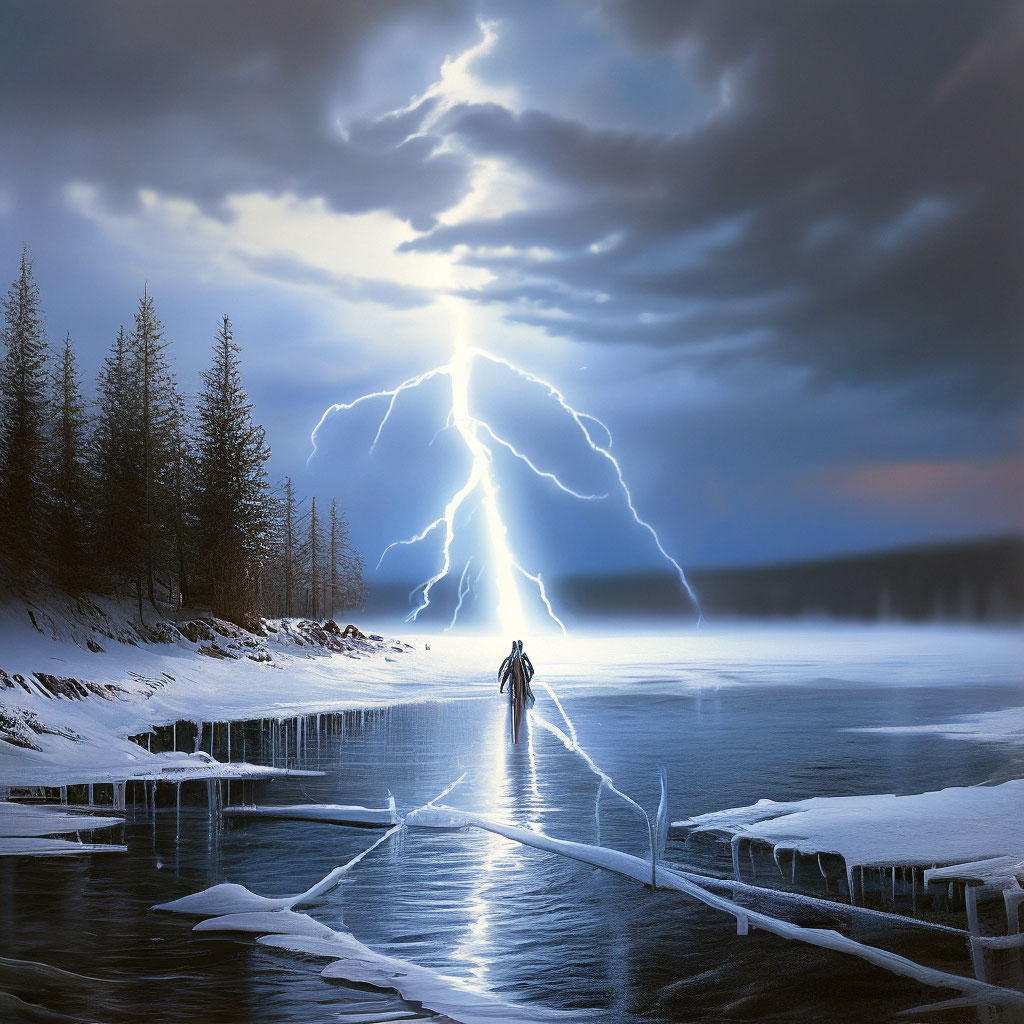"Lightning hits a frozen lake, ice cracks, surrealism, light, attention ...