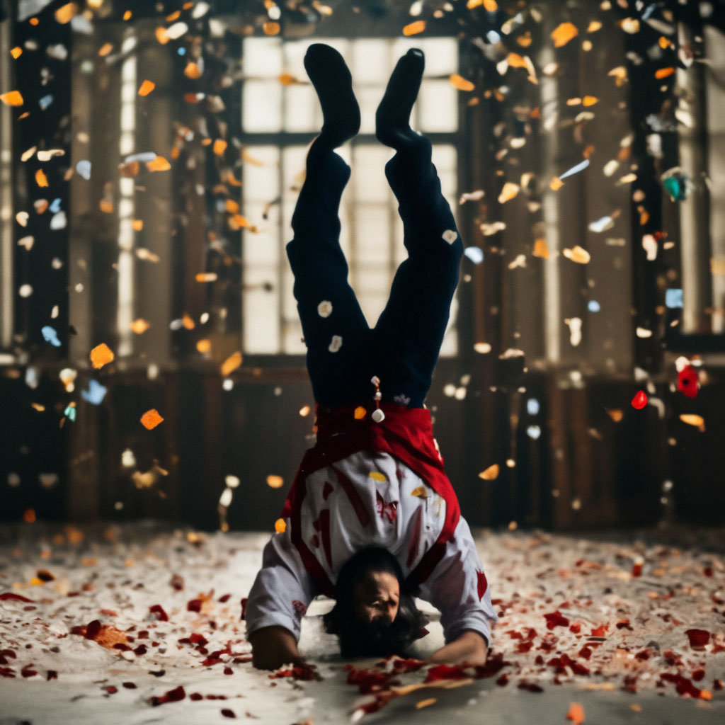 "The clown is standing on his hands, feet up, full-length, falling ...