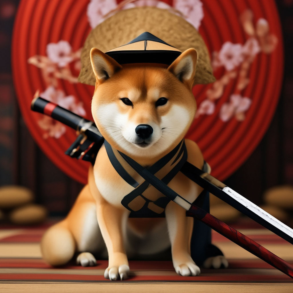 "A dog of the Shiba Inu breed in a Japanese round hat with a katana in ...