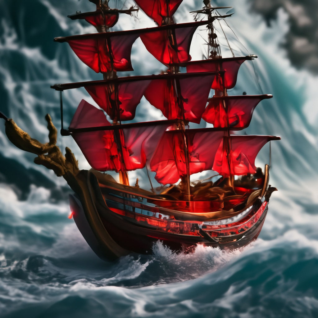 "A boat with masts made of scarlet crystal floats among huge waves ...
