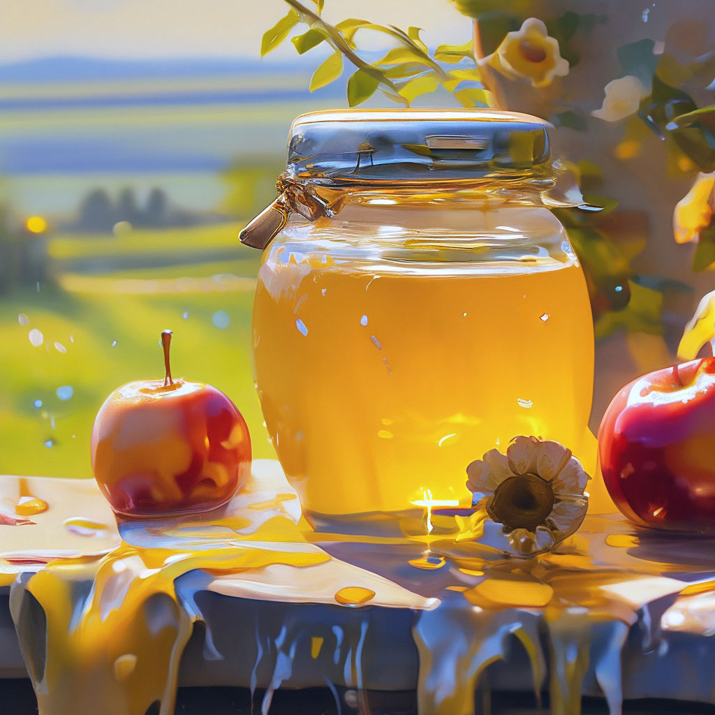 "Apiary, apples on top, a jar of honey, dew drops,honeycomb, reflection ...