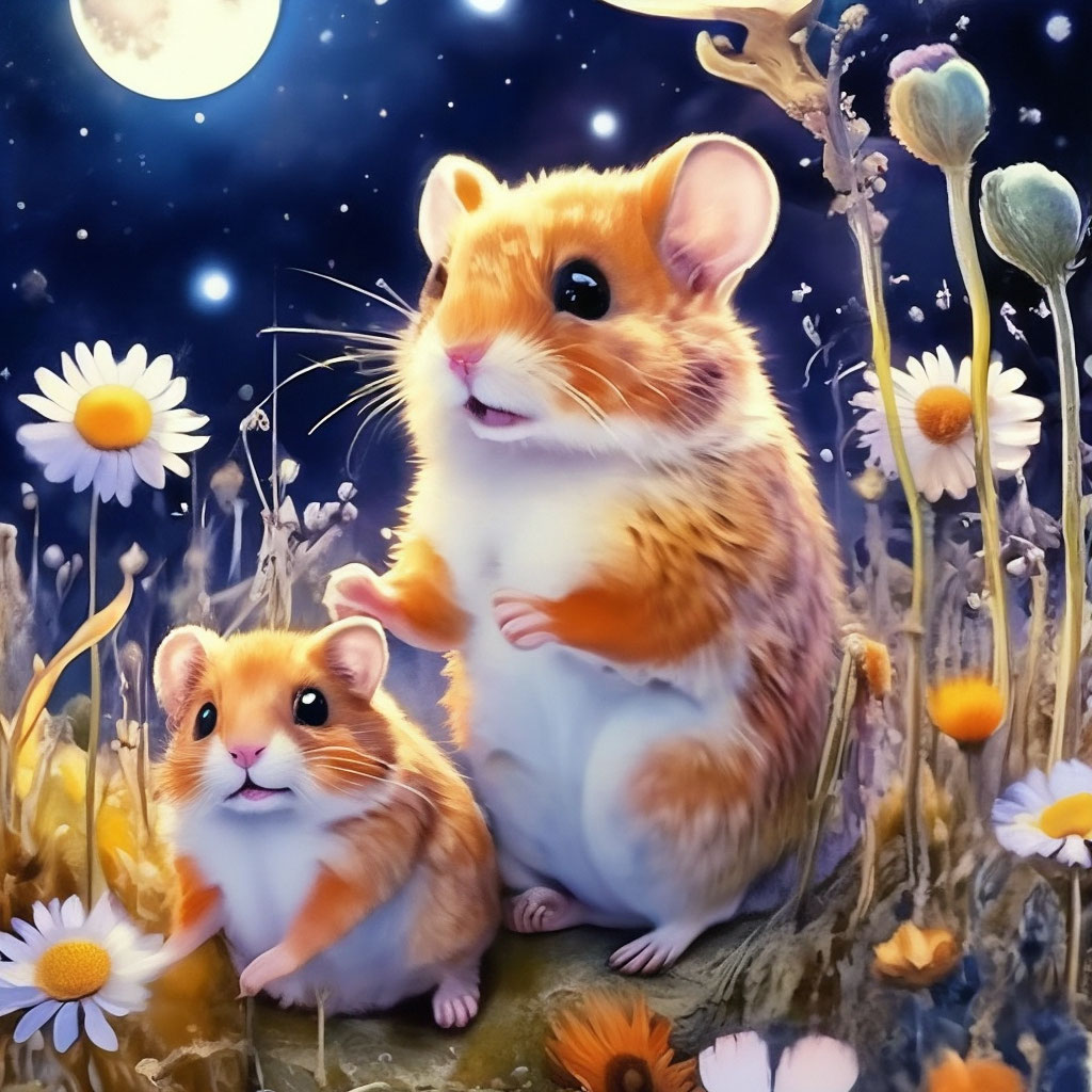 "Hamster family harvest in the field, in detail, daisies, vaselki ...