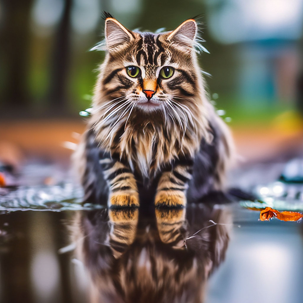 "A cat is sitting in a puddle, a fluffy wet cat, aesthetically pleasing ...