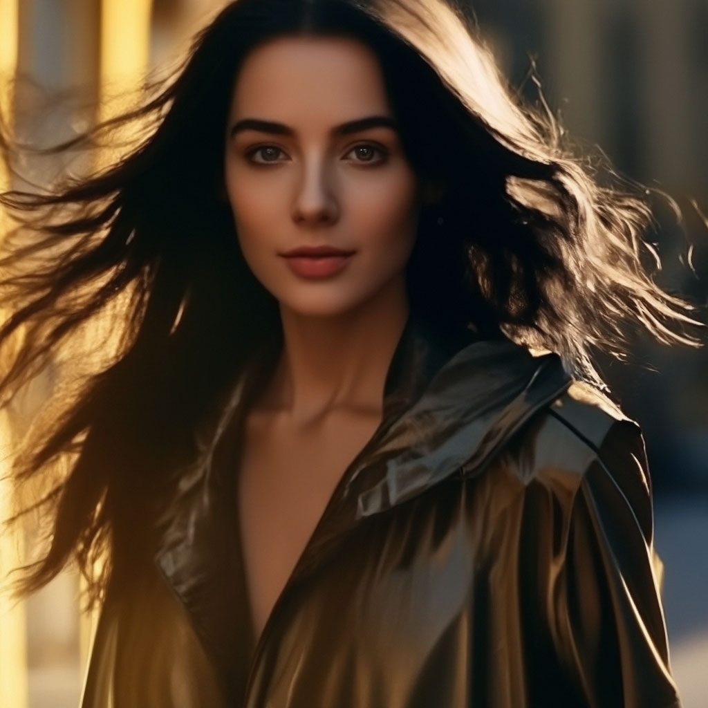 "A girl goes to work with the first rays of the sun, black long hair ...