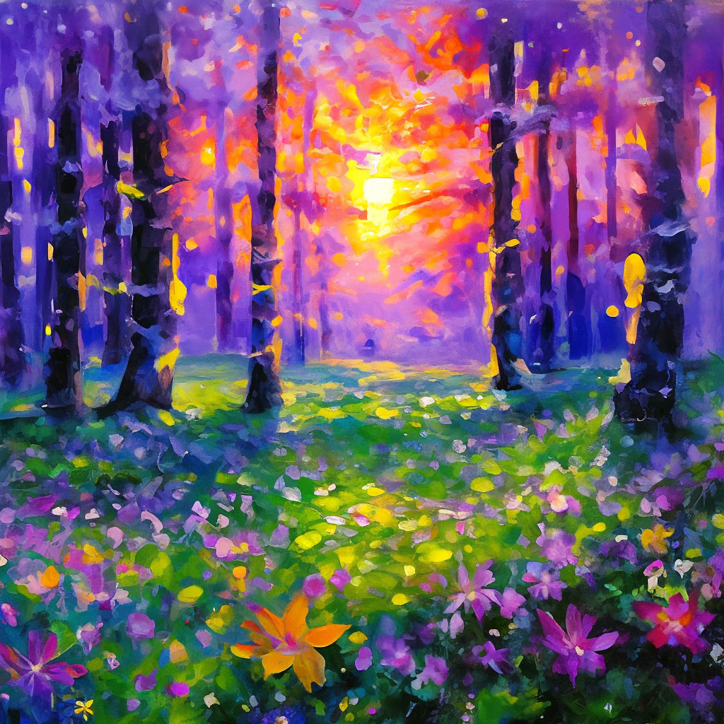 "Fabulous forest, evening, sunset, lots of greenery, fireflies ...
