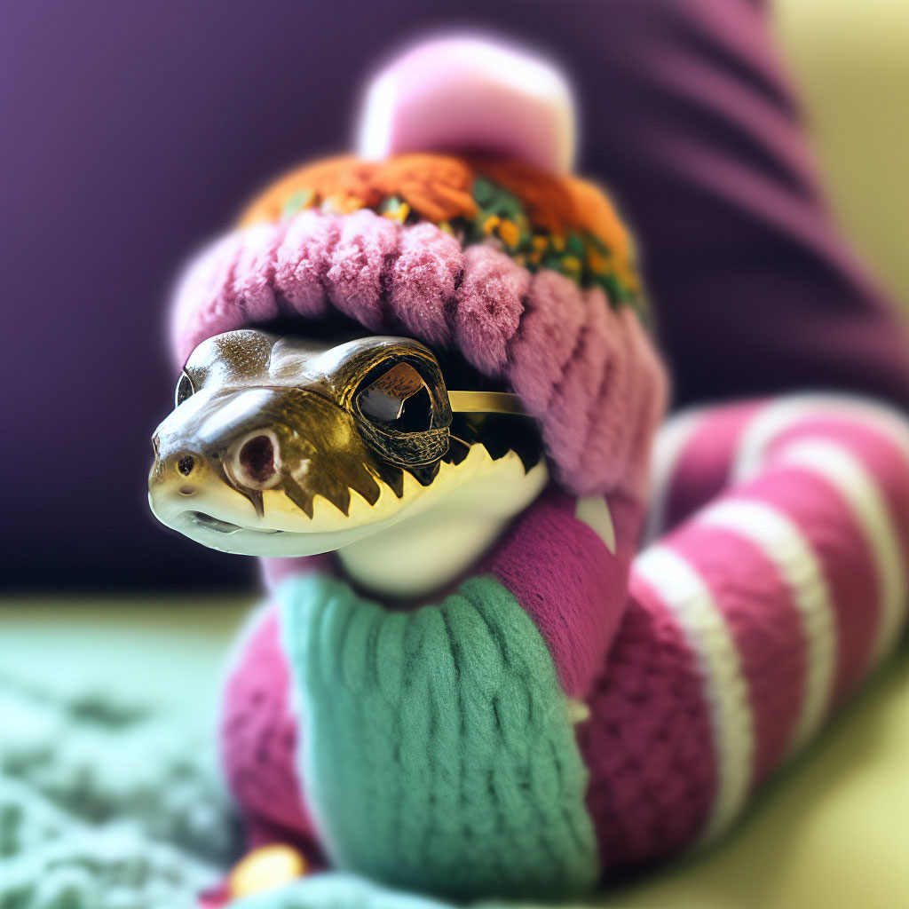 "A snake in a fluffy hat and vest" — image created in Shedevrum
