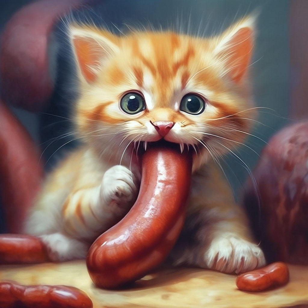 "Sad kitten chewing sausage; crazy ; humor" — image created in Shedevrum