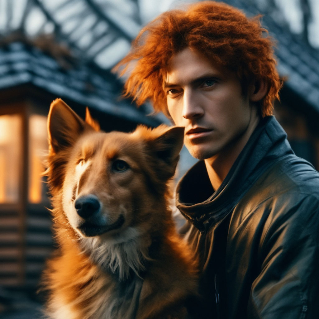 "A red-haired mongrel loyally looks at his master against the ...