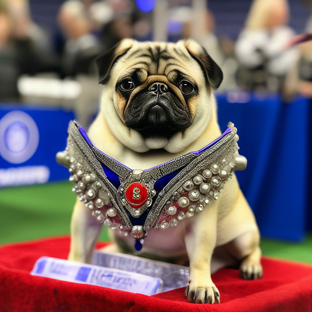 "Best in show pug in the rack" — image created in Shedevrum